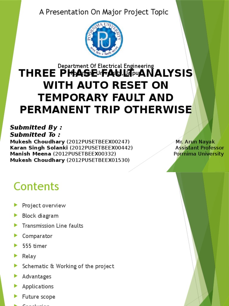 Three Phase Fault Analysis With Auto Reset For Temporary Fault And Trip For Permanent Fault Ppt