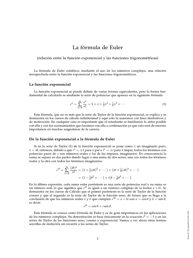 Fórmula de Euler y su Importancia | PDF | Número complejo | Funcion ...