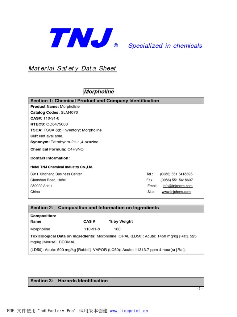 MSDS Morpholine | PDF | Toxicity | Flammability