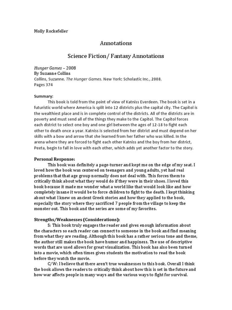 Annotations Science Fiction/ Fantasy Annotations: Hunger Games - 2008 | PDF