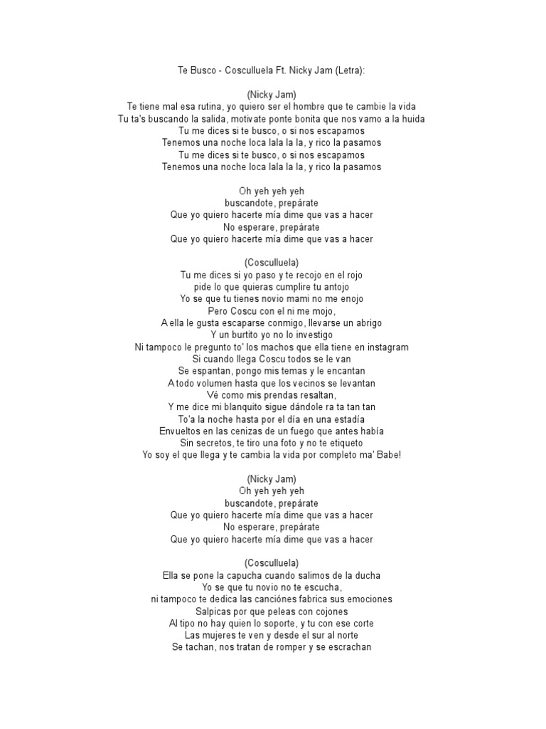 Letra de "Te Busco" - Cosculluela y Nicky Jam | PDF | Ocio