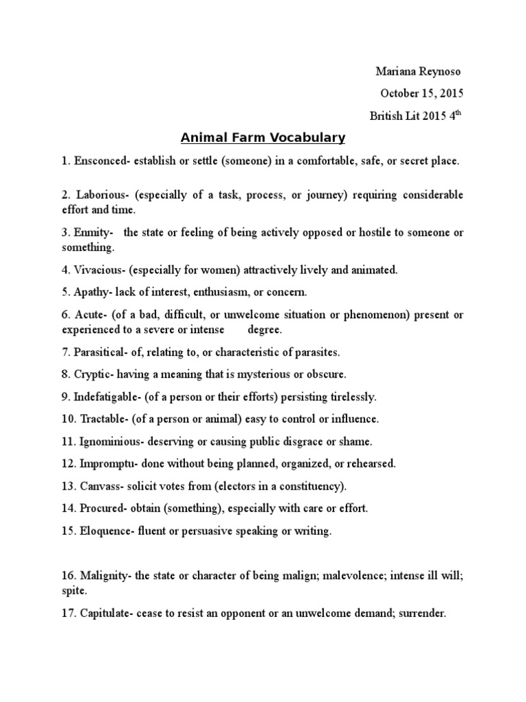 Animal Farm Vocabulary Guide | PDF