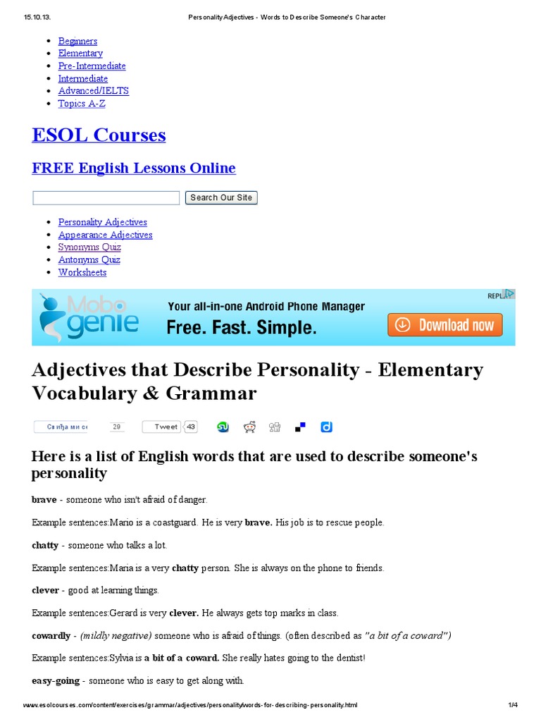 Personality Adjectives - Words To Describe Someone's Character | PDF ...