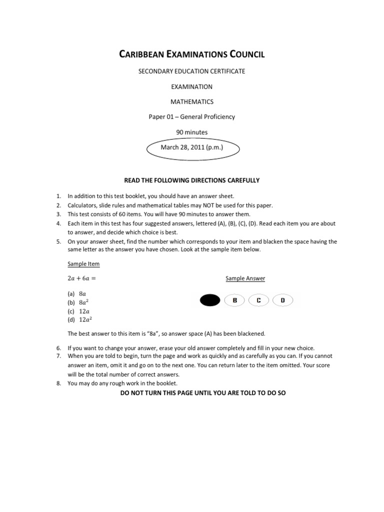 CXC Maths Mock Paper 1 2011 With Answers | PDF | Computers