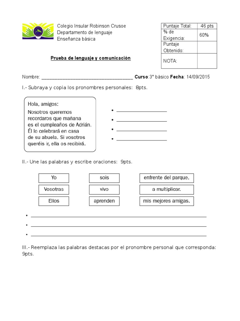 Prueba Pronombres Personales | PDF