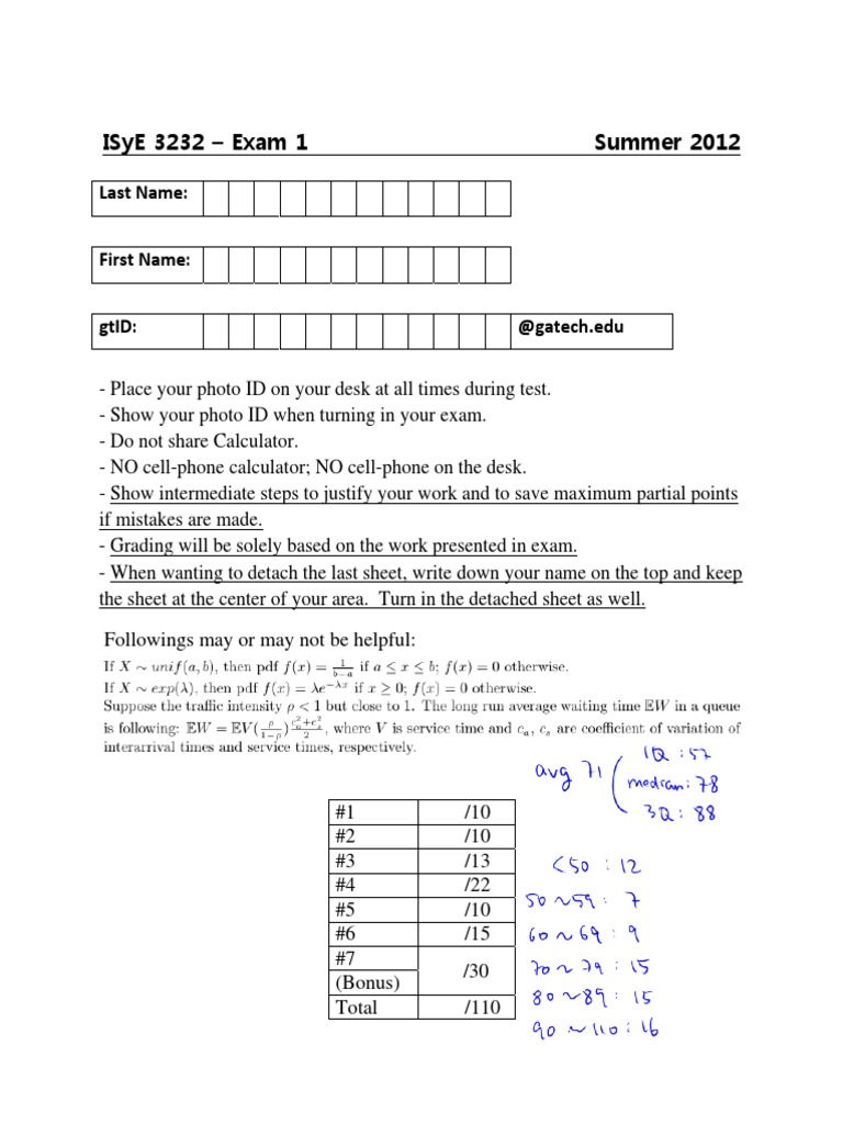 ISYE 3232 Exam 1 Solution | PDF | Statistical Theory | Probability Theory