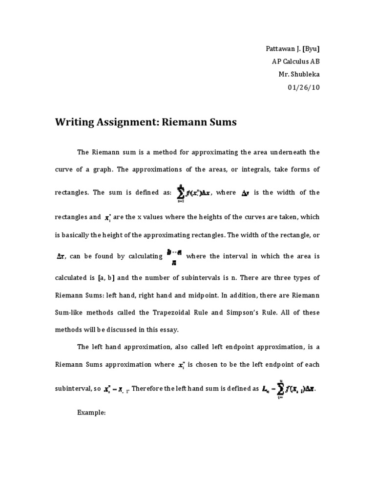 Writing Assignment Riemann Sums Pdf Integral Area