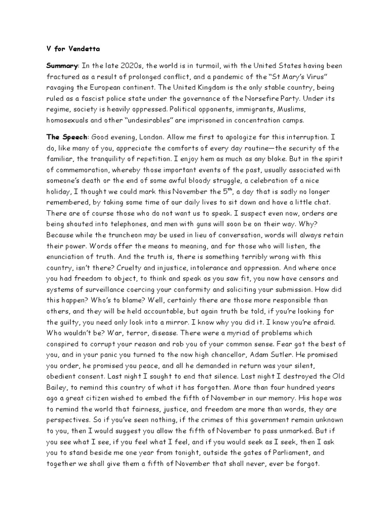 V For Vendetta - Speech | PDF | Government | Violence