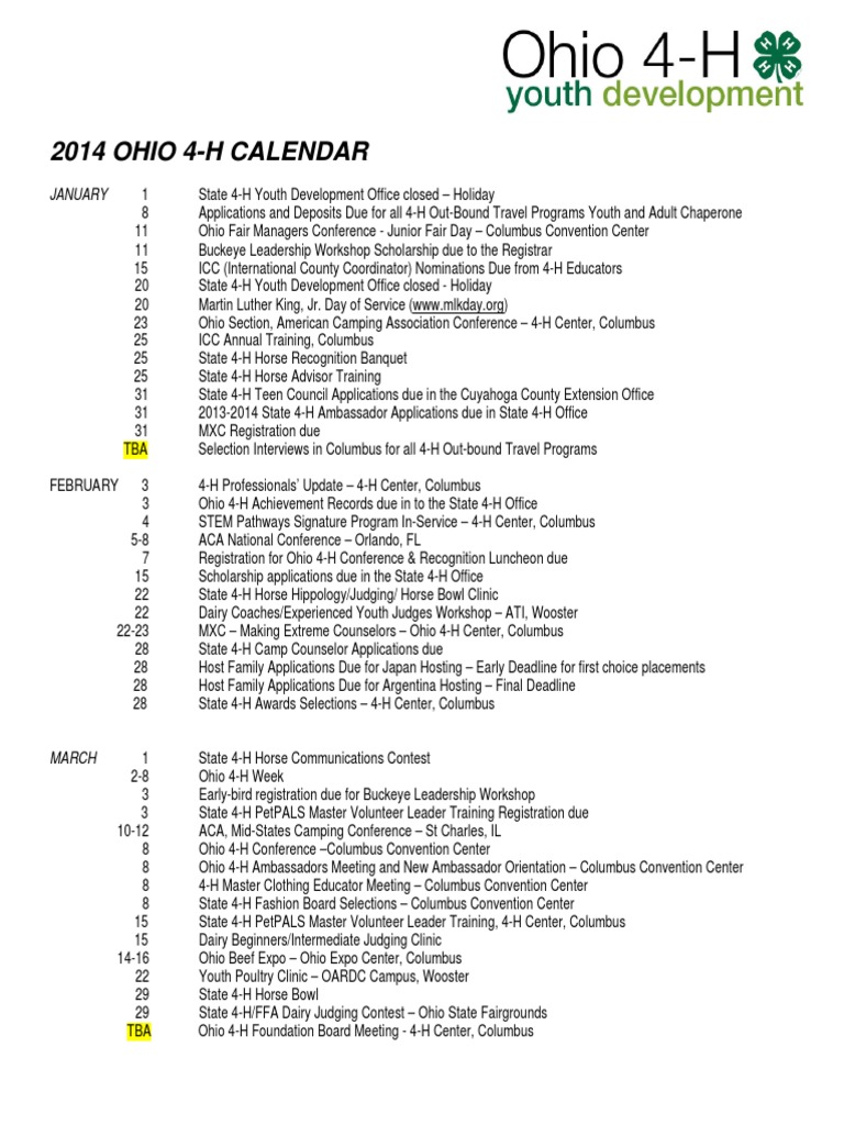 2014 Ohio 4-H Calendar | PDF | Columbus | Ohio