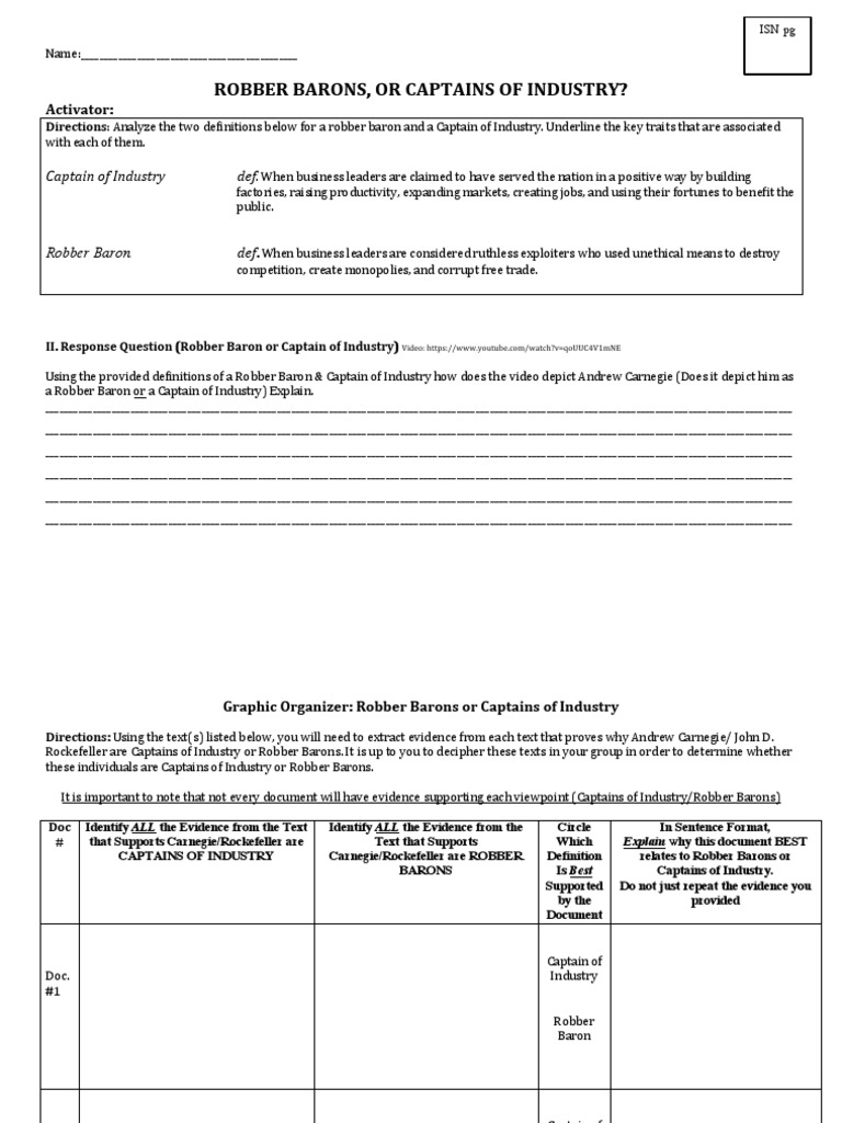 Graphic Organizer - Robber Baron or Captains of Industry | PDF | Business