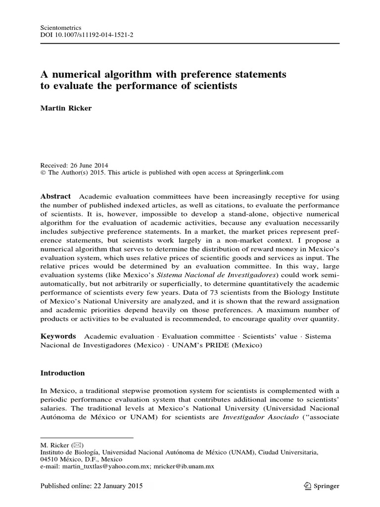 A Numerical Algorithm With Preference Statements To Evaluate The ...