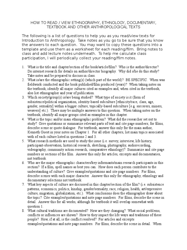 Reading Ethnography: Key Questions | PDF | Ethnography | Anthropology