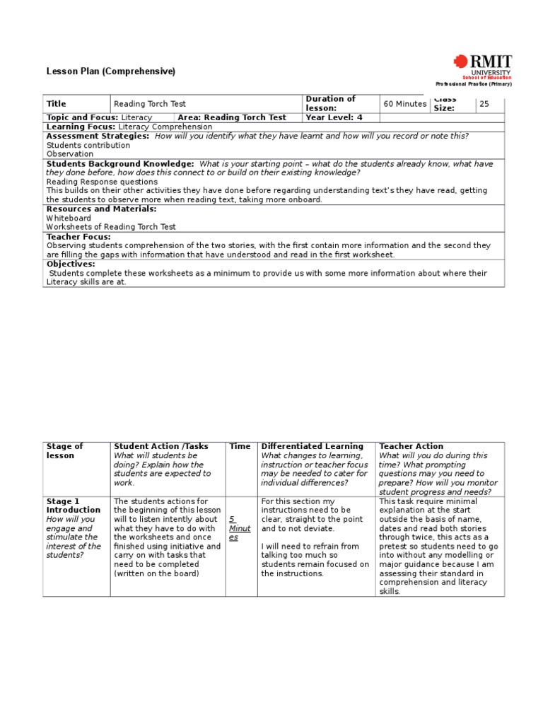 Reading Torch Test Comprehensive Lesson Plan 2 | PDF | Reading ...