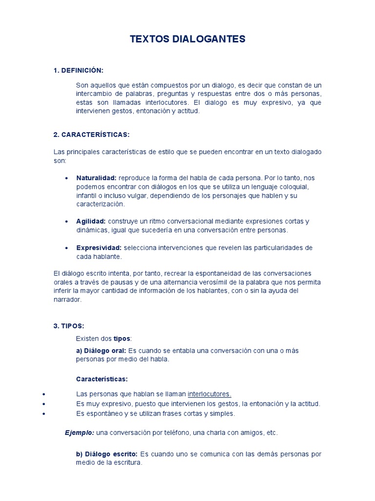 Características del Texto Dialogado | PDF | Diálogo | Conversacion