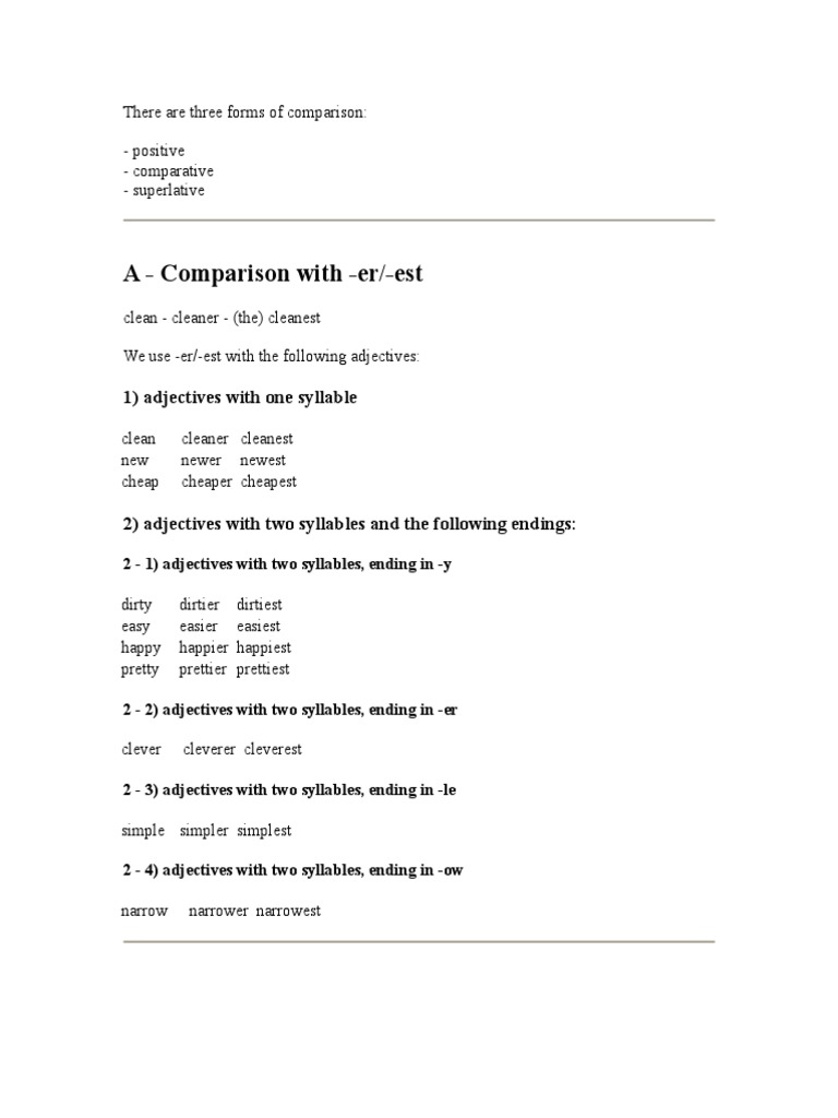 A - Comparison With - Er/-Est: 1) Adjectives With One Syllable | PDF ...