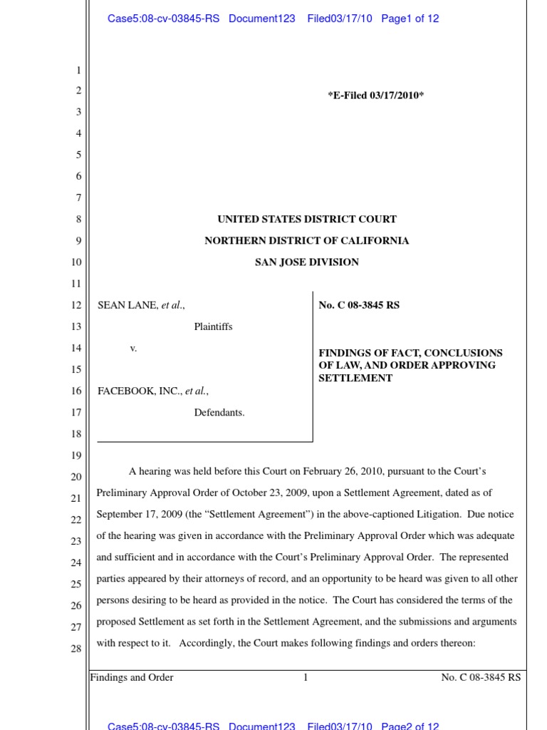 Lane v. Facebook (N.D. Cal) - Order Approving Settlement | PDF | Class ...