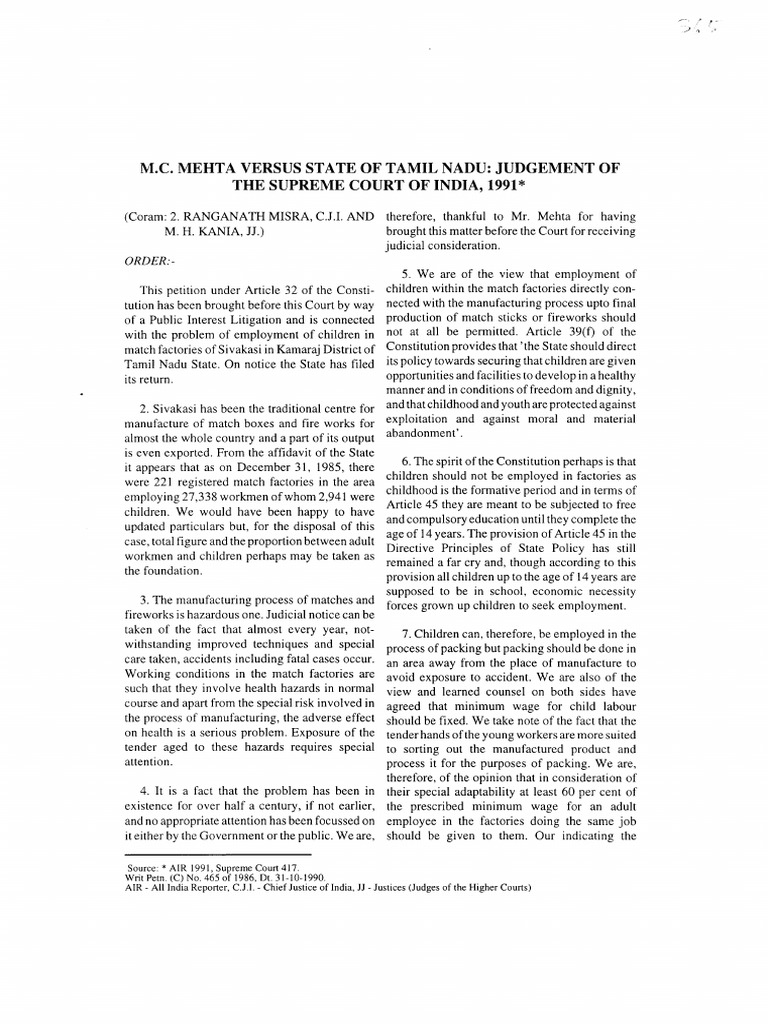 M.C. Mehta v. State of Tamil Nadu | Download Free PDF | International Labour Organization ...