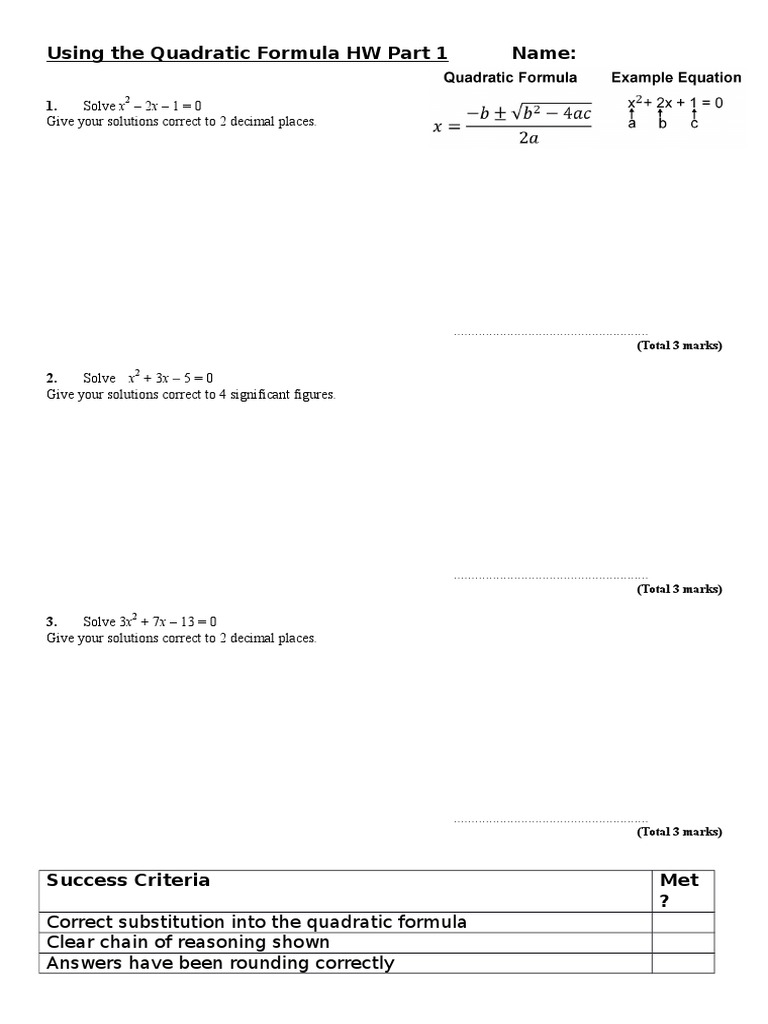 Quadratic Formula Homework Exercises | PDF