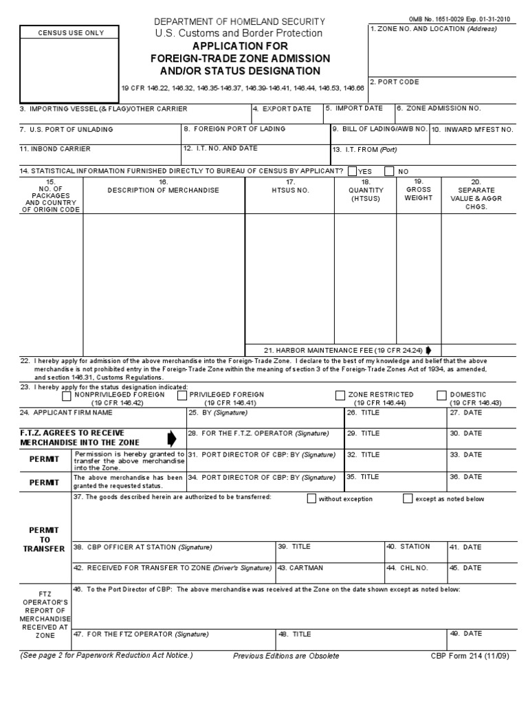 U.S. Customs Form: CBP Form 214 - Application For Foreign-Trade Zone ...
