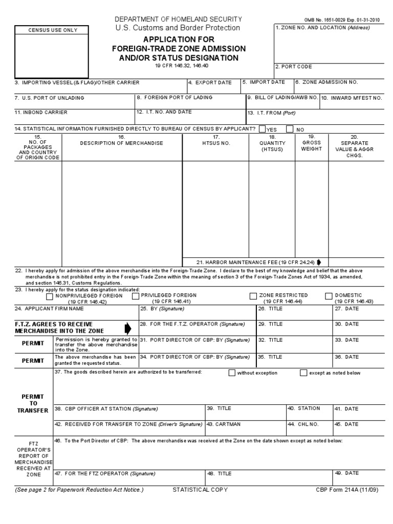 U.S. Customs Form: CBP Form 214A - Application For Foreign Trade-Zone ...