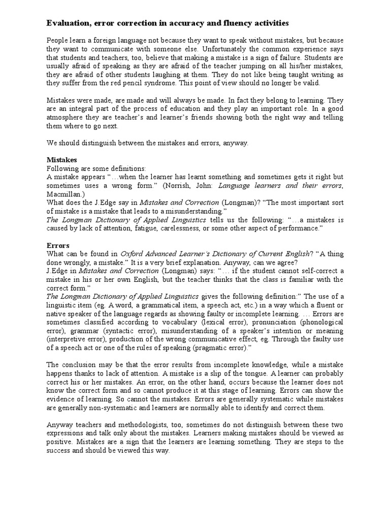 Evaluation, Error Correction in Accuracy and Fluency Activities | PDF | Error | Vocabulary