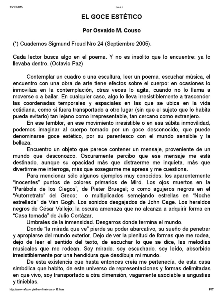 El Goce Estético en la Literatura | PDF | Jacques Lacan | Felicidad