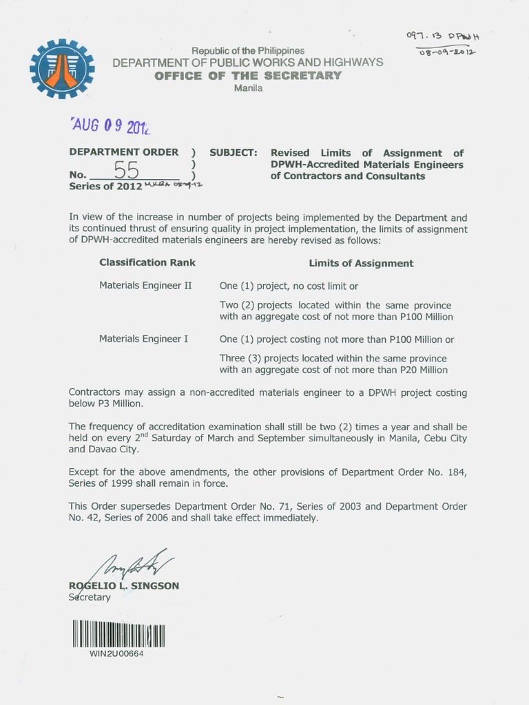 DPWH DO_055_S2012 | Identity Document | Engineer