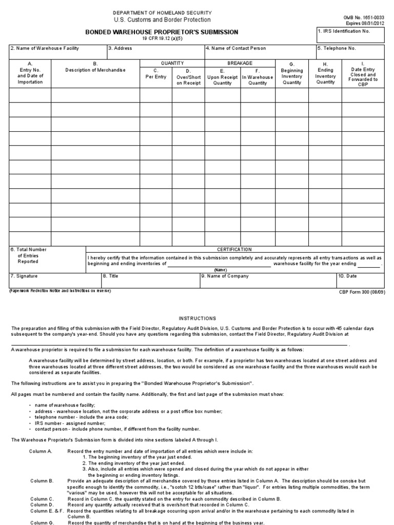 U.S. Customs Form: CBP Form 300 - Bonded Warehouse Proprietor's ...
