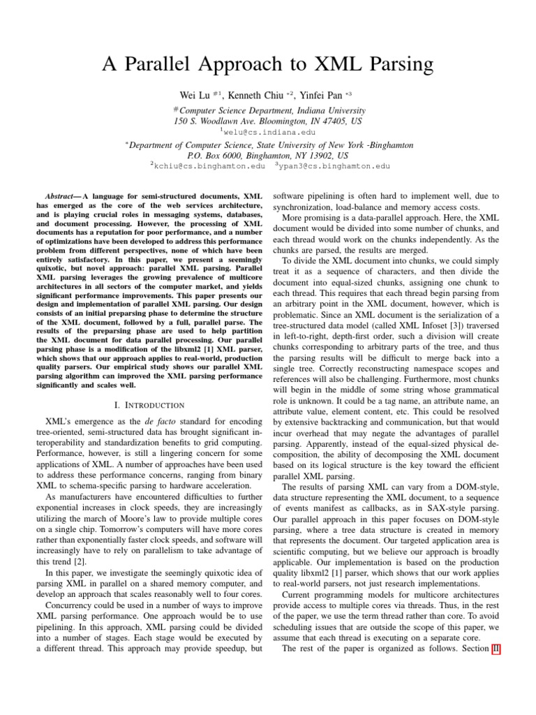 A Parallel Approach To Xml Parsing Wei Lu Kenneth Chiu Yinfei Pan Pdf Xml Parsing