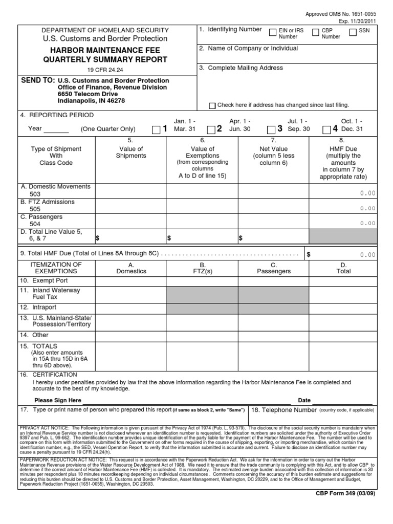 U.S. Customs Form: CBP Form 349 - Harbor Maintenance Fee Quarterly ...