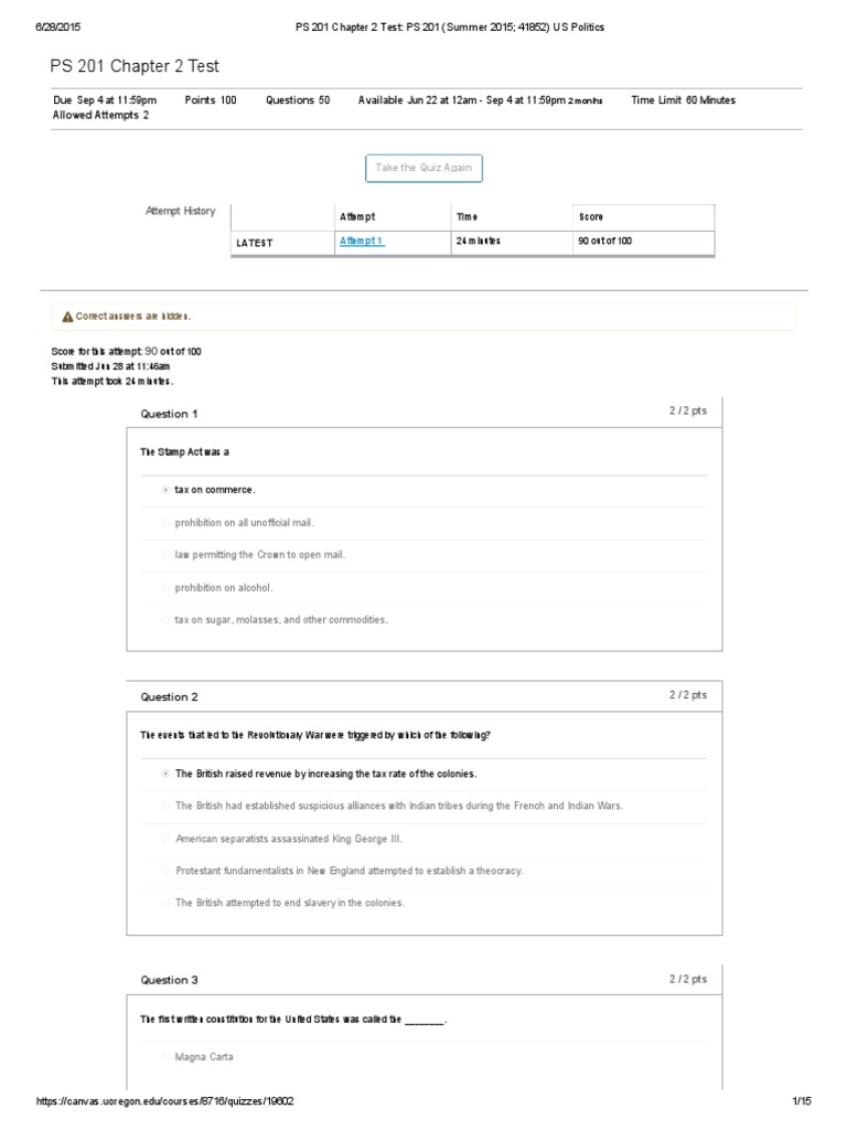 PS 201 Chapter 2 Test: Attempt History | PDF | Separation Of Powers ...