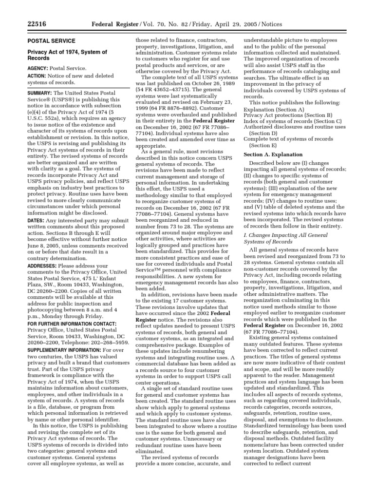 Notice: Privacy Act: Systems of Records | PDF | United States Postal ...