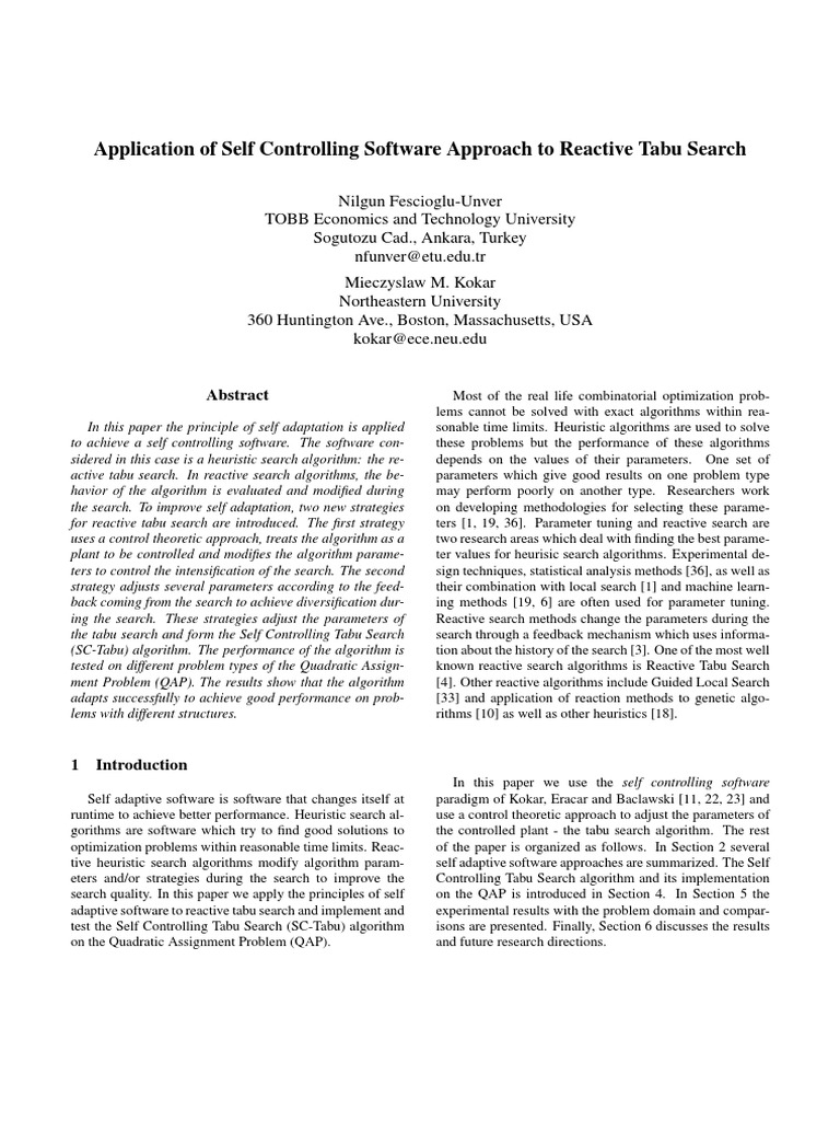 Application of Self Controlling Software Approach To Reactive Tabu Search | PDF | Control Theory ...