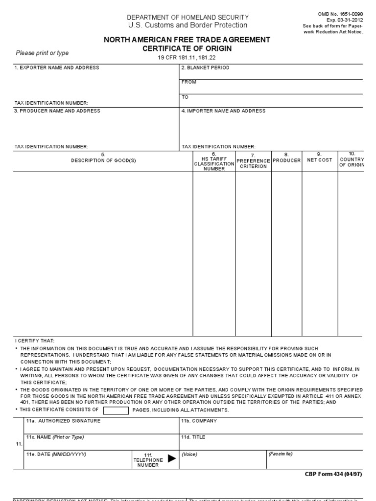 U.S. Customs Form: CBP Form 434 - North American Free Trade Agreement ...