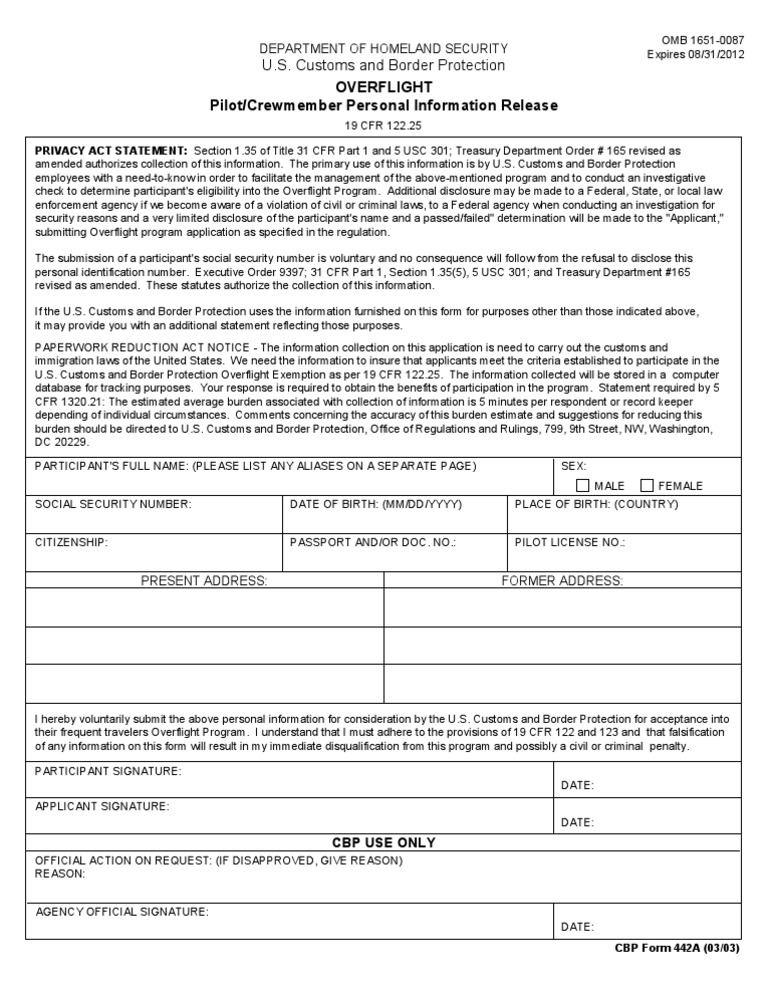 U.S. Customs Form: CBP Form 442A - OVERFLIGHT Pilot/Crewmember Personal ...
