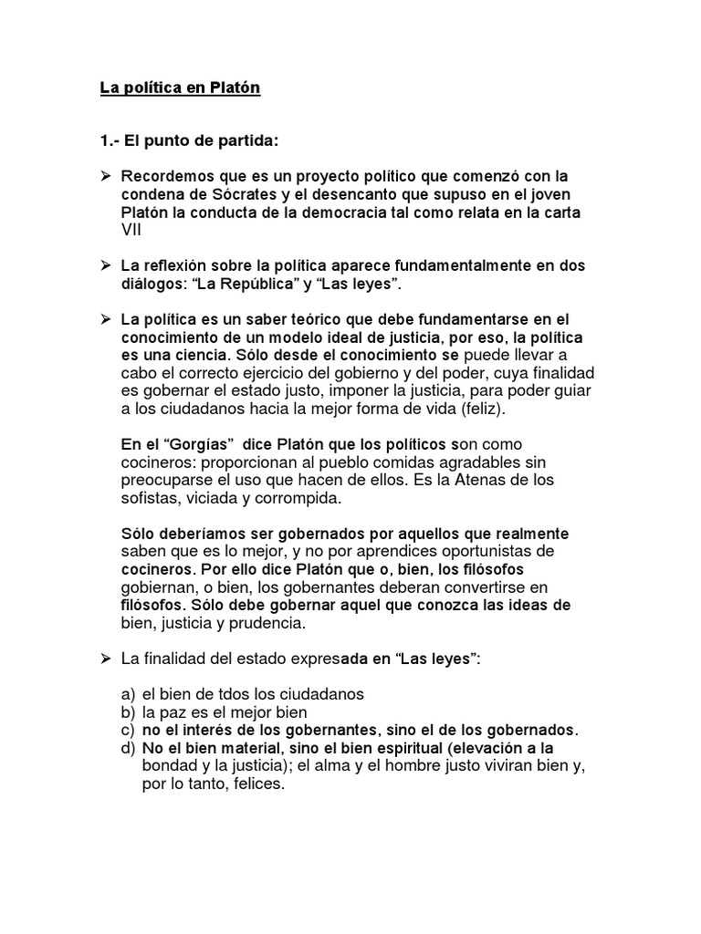 La Politica en Platon | PDF | Platón | Estado (política)