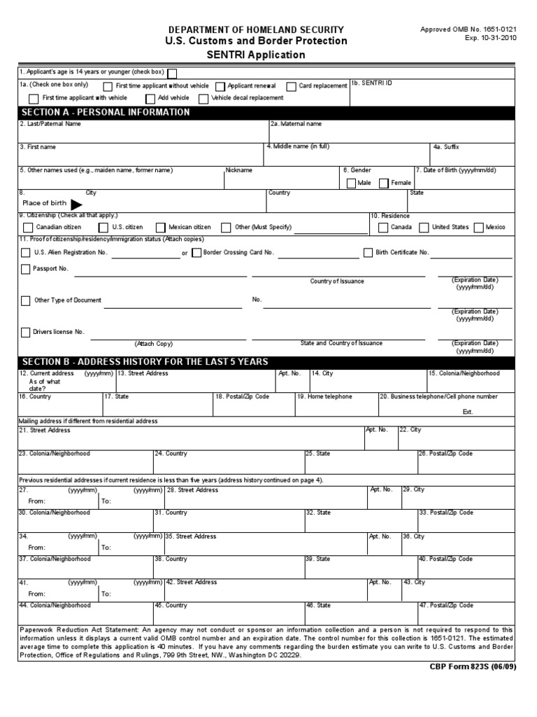 U.S. Customs Form: CBP Form 823S - SENTRI Application | PDF | U.S ...
