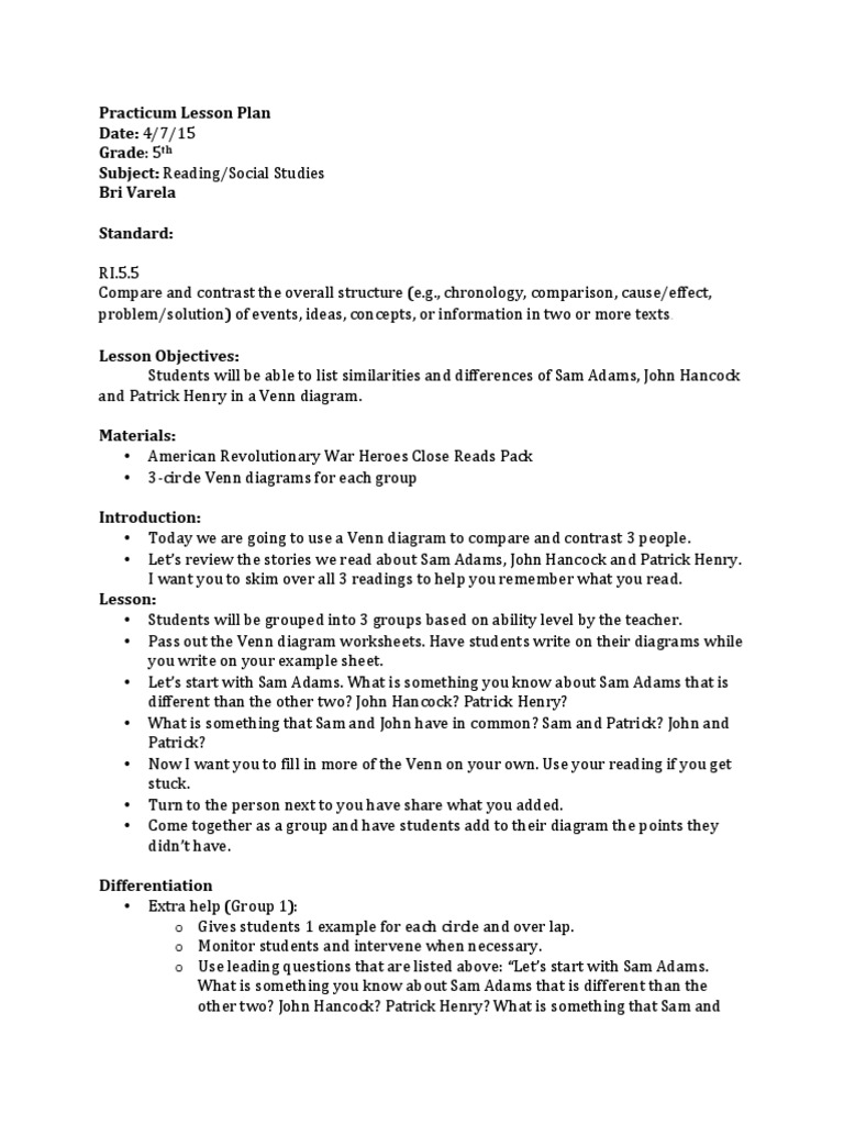 Practicum) Lesson) Plan) Date:) 4/7/15& Grade:&5 Subject:&Reading ...