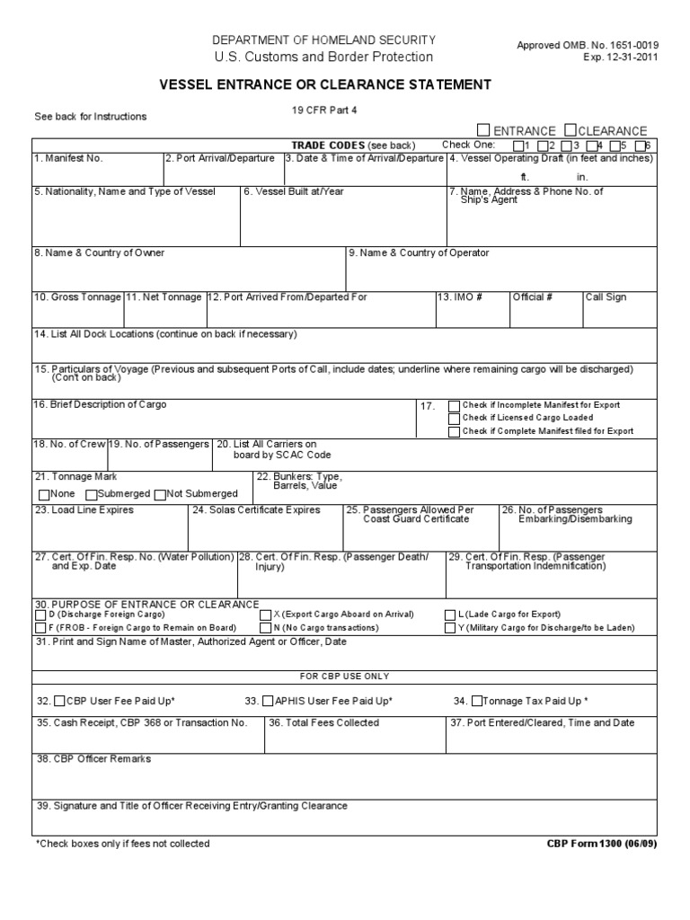 U.S. Customs Form: CBP Form 1300 - Vessel Entrance or Clearance ...