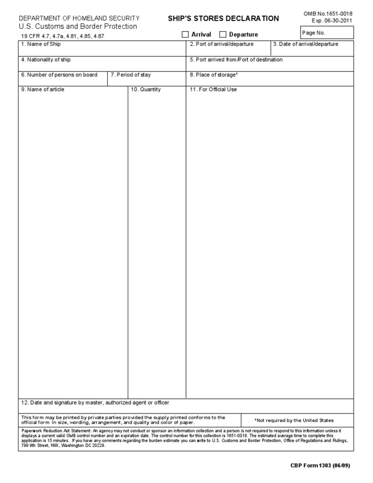 U.S. Customs Form: CBP Form 1303 - Ship's Stores Declaration | PDF | U.S. Customs And Border ...