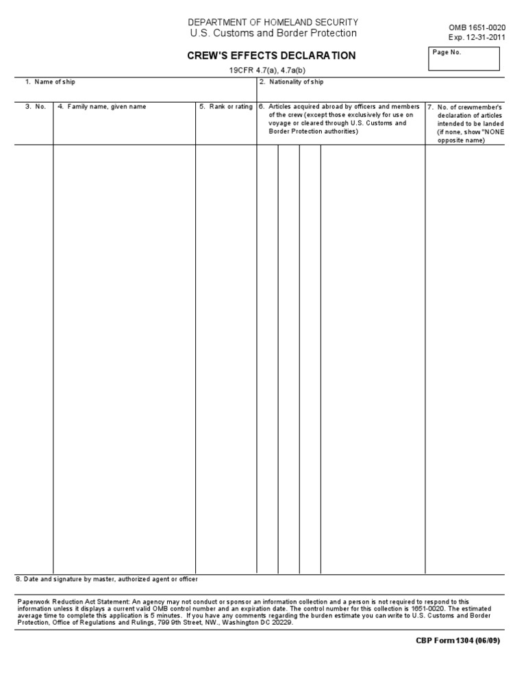 U.S. Customs Form: CBP Form 1304 - Crew's Effects Declaration | PDF
