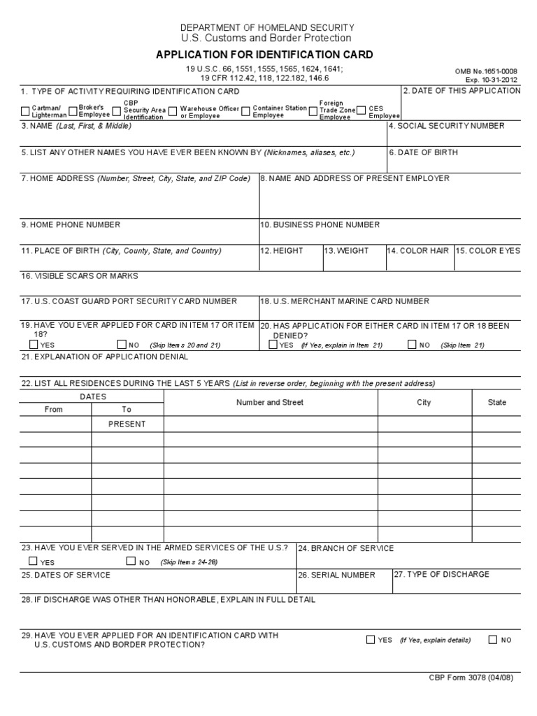 U.S. Customs Form: CBP Form 3078 - Application For Identification Card | PDF | U.S. Customs And ...