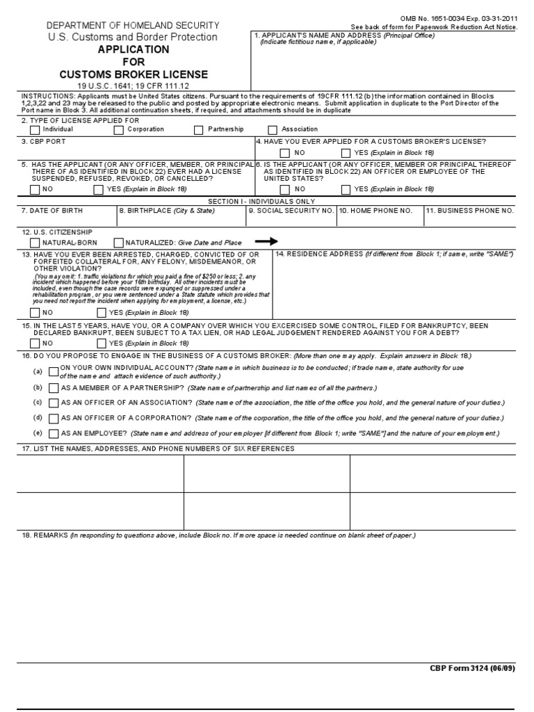 U.S. Customs Form: CBP Form 3124 - Application For Customs Broker ...