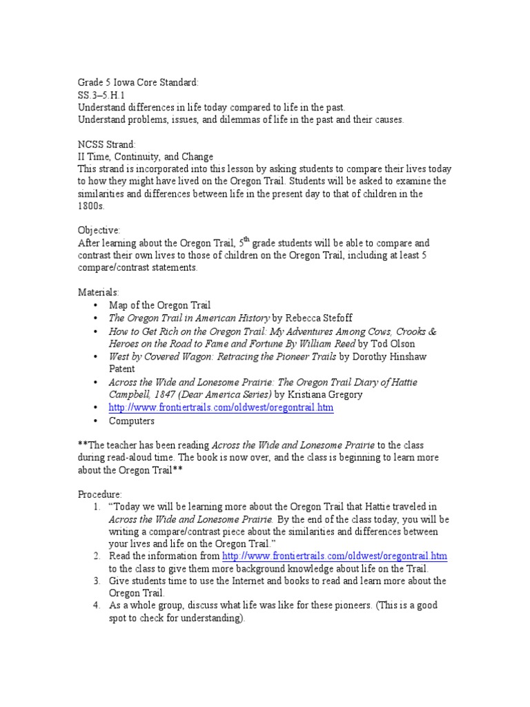 Oregon Trail Lesson Plan | PDF | Oregon Trail | Educational Assessment