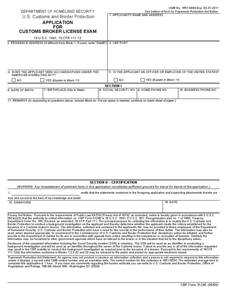 U.S. Customs Form: CBP Form 3124E - Application For Customs Broker ...