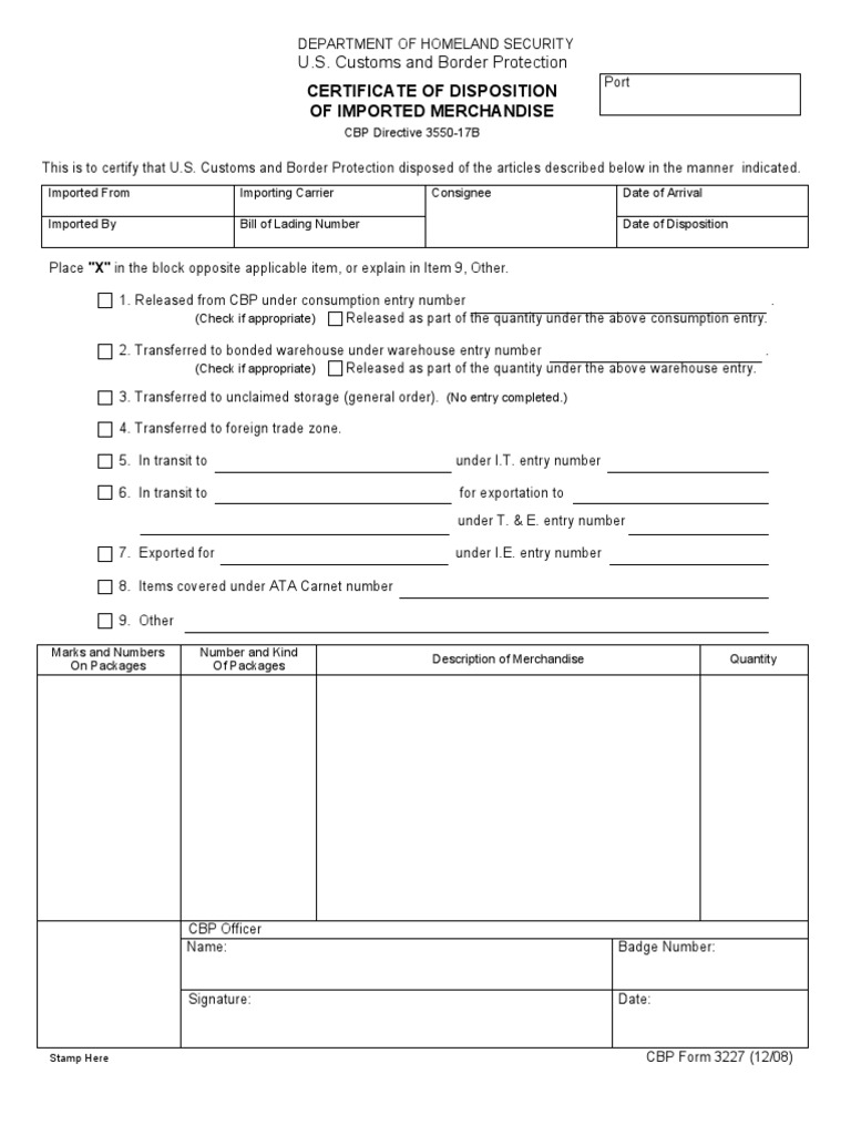Certificate of Disposition for Imports | PDF | U.S. Customs And Border ...