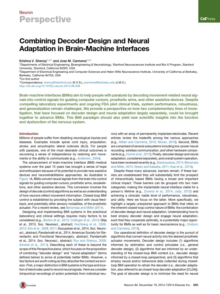 Perspective: Combining Decoder Design and Neural Adaptation in Brain-Machine Interfaces | PDF ...