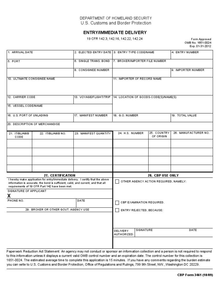 U.S. Customs Form: CBP Form 3461 - Entry/Immediate Delivery | PDF | U.S ...