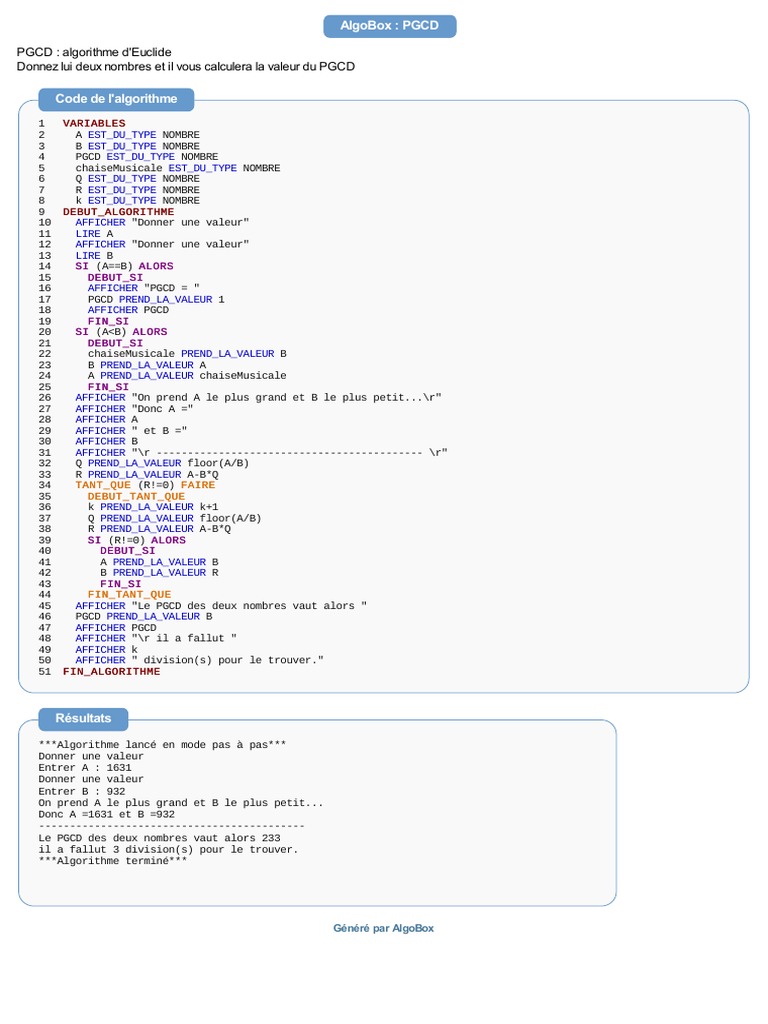 PGCD Sous Algobox Par Algorithme D'euclide | PDF