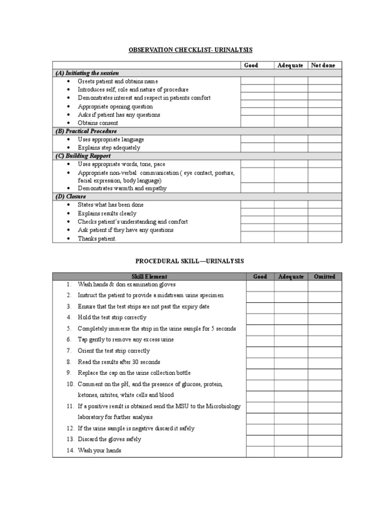 (A) Initiating The Session: Observation Checklist-Urinalysis Good ...